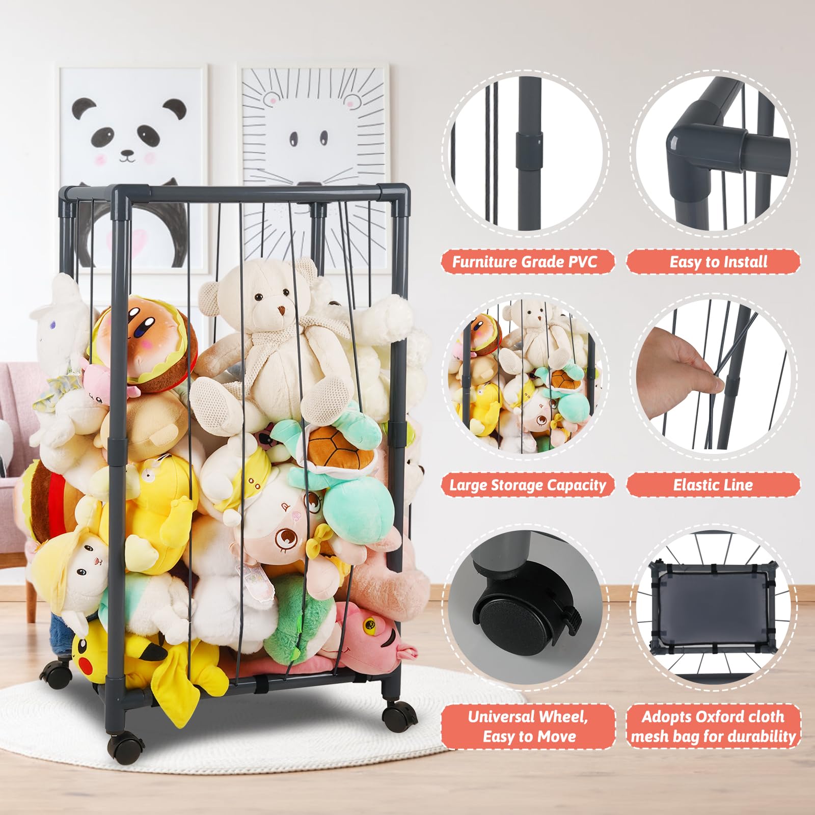 XMBecc Stuffed Animal Storage Zoo Stuffed Animal Holder Space Save Vertical Stuffed Animals Storage PVC with Elastic Band and Net for Playroom Birthday Gift (small-gray)