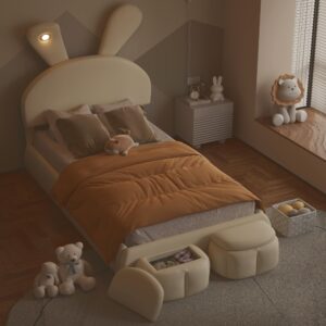 Twin Size Upholstered Platform Bed with Cartoon Ears Shaped Headboard and 2 Small Storage Stools, Velvet Kids Platform Bed Frame with Light for Boys Girls Bedroom, Sturdy Slatted Support (Beige-Ears)