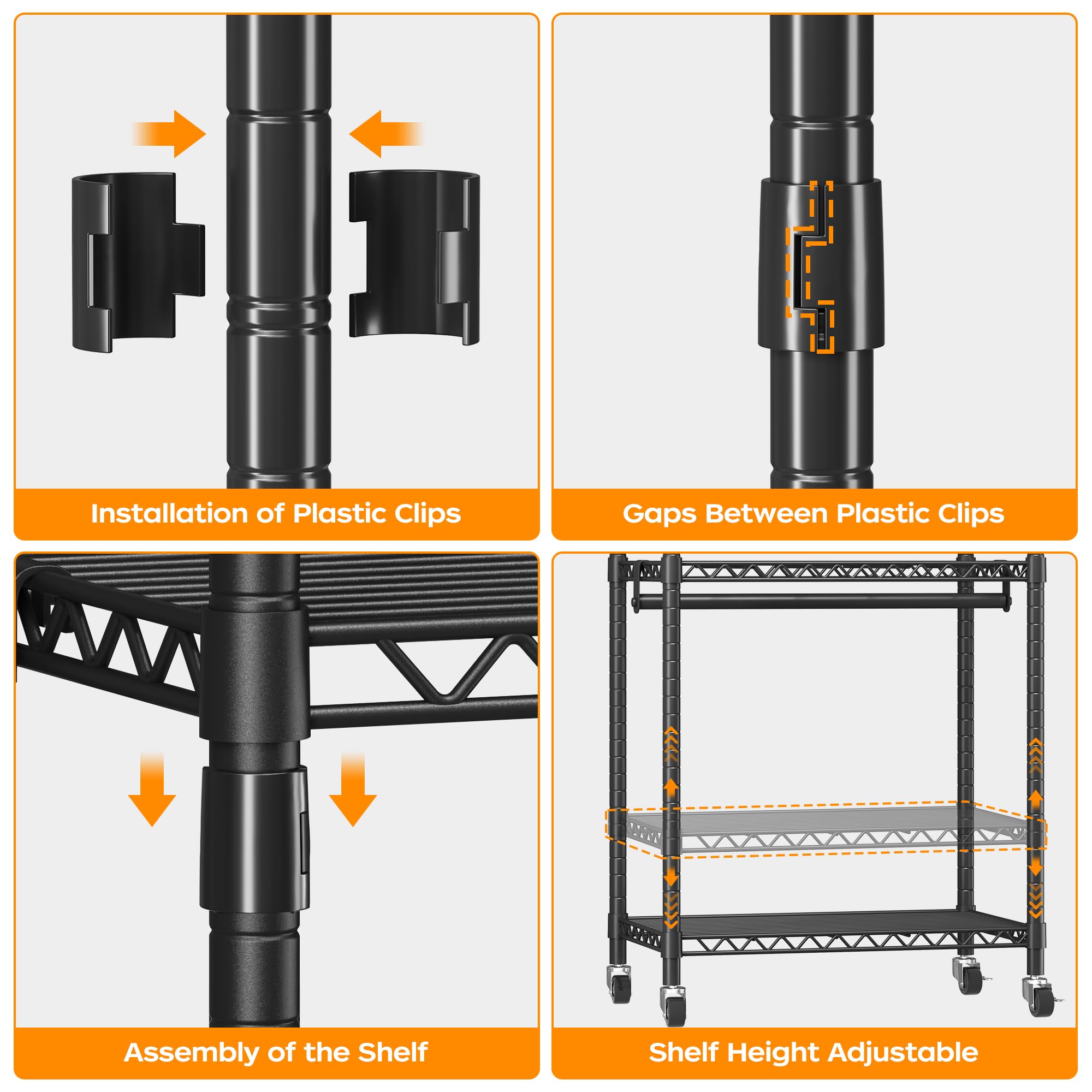 Heavy Duty Rolling Garment Rack with Adjustable Wire Shelving, 3 Tiers Clothes Rack with Double Rods and Side Hooks, Freestanding Wardrobe Storage Rack Metal Clothing Rack, Black