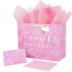 jaywayang 12.6" large pink mermaid happy birthday gift bag with card, tissue paper and tag for kids girls birthday party.