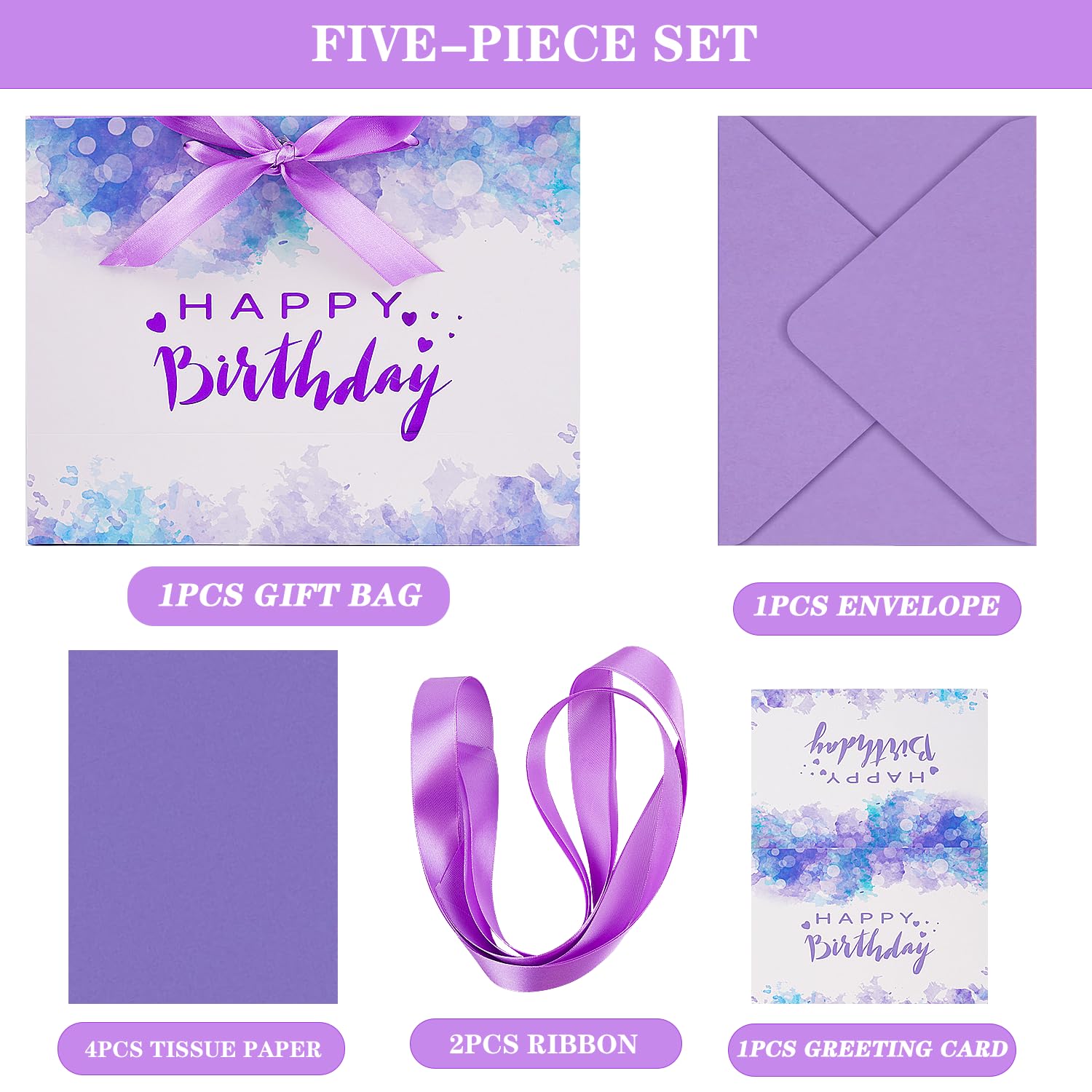 Jaywayang 12.6" Large Purple Happy Birthday Gift Bag with Ribbons, Card and Tissue Papers for Girl Women Birthday Party.