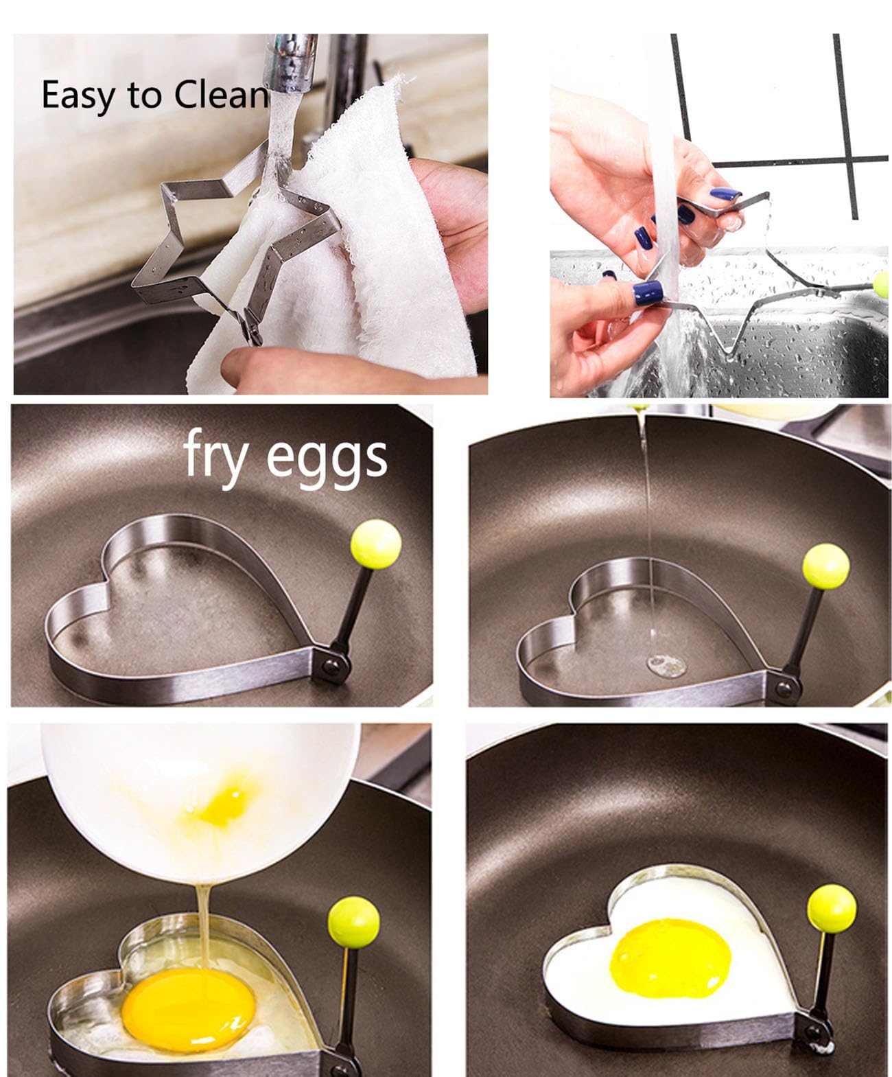 10pcs Egg Molds Egg Shaper Egg Ring For Frying Eggs Stainless Steel Nonstick Pancake Maker with Handle Egg Fryer Mold Cooking Breakfast Accessories