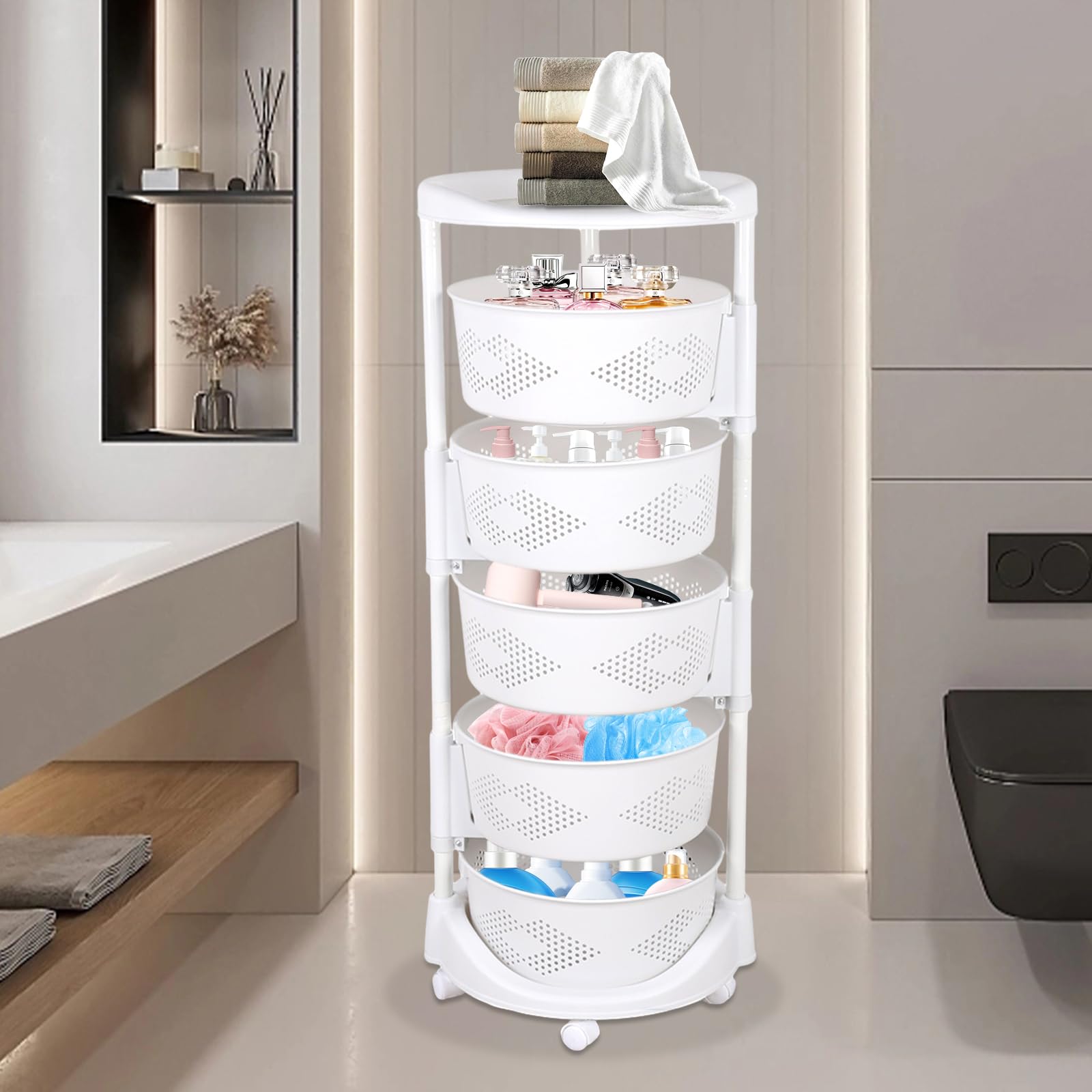 Round Rotating Storage Shelf 5-Tier Kitchen Rack Organizer Household Floor-Standing Vegetables Basket Rack with Lockable Casters for Kitchen, Living Room, White