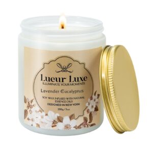 LUEUR LUXE Lavender Eucalyptus Scented Soy Wax Candle - 7oz | Aromatherapy Infused with Natural Essential Oils | Relaxing Home Fragrance