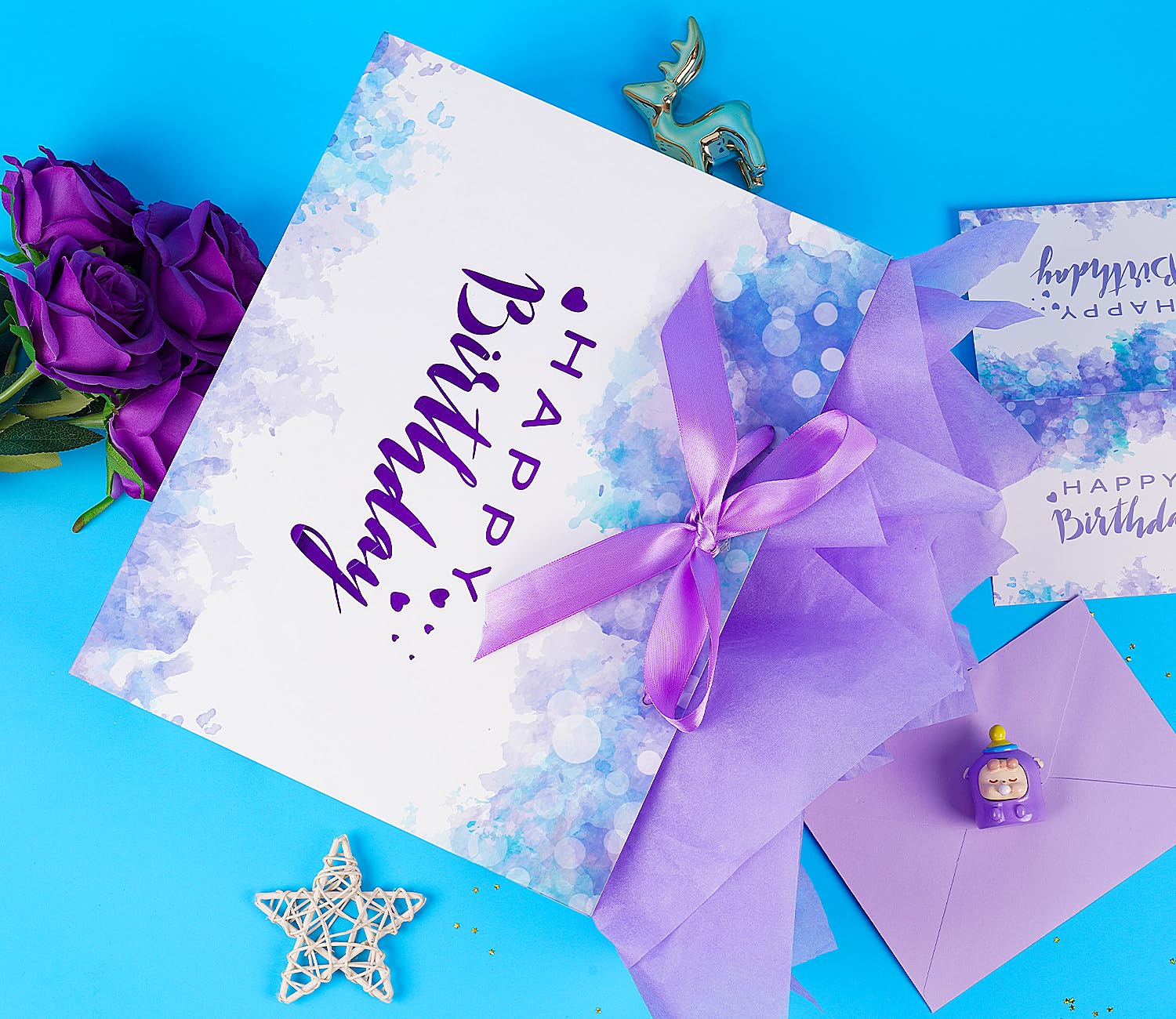 Jaywayang 12.6" Large Purple Happy Birthday Gift Bag with Ribbons, Card and Tissue Papers for Girl Women Birthday Party.