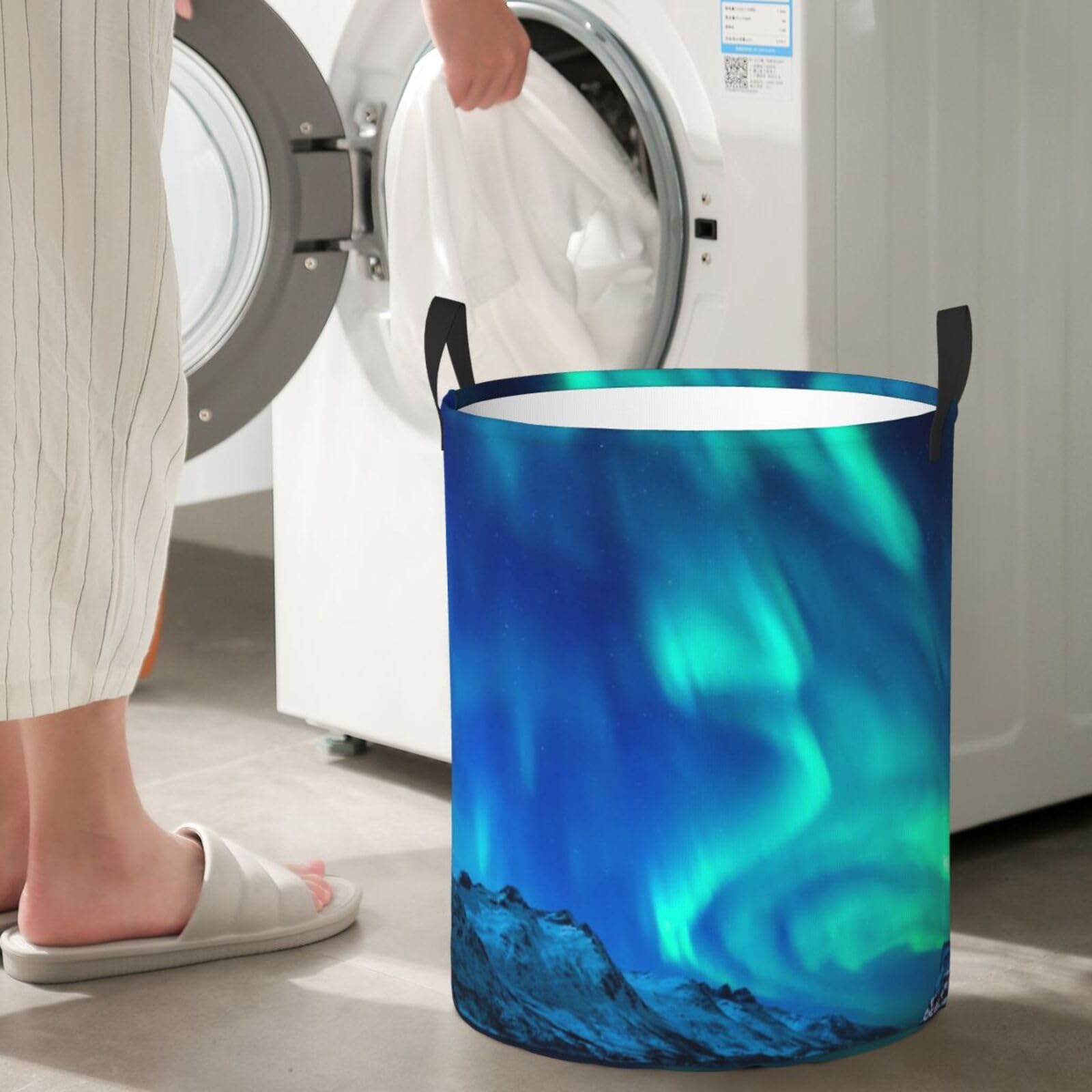 Northern Lights Oxford Cloth Polyester Cloth Circular Laundry Bucket Bedroom Living Room Special Car Trunk Tally Bucket Uv Full Screen Printed Laundry Bucket Dirty Clothes Bucket Circular Hammer