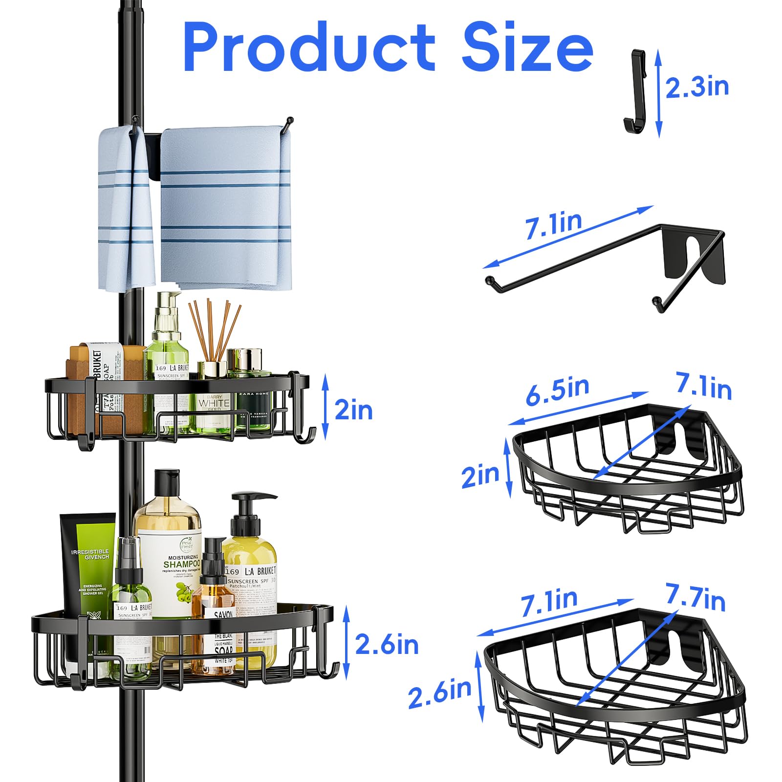 Coonoor Corner Shower Caddy Tension Pole - 62-115 INCH - 4-Tier Rustproof Bathroom Organizer Shelves, Adjustable Bathtub Tub Shampoo Storage