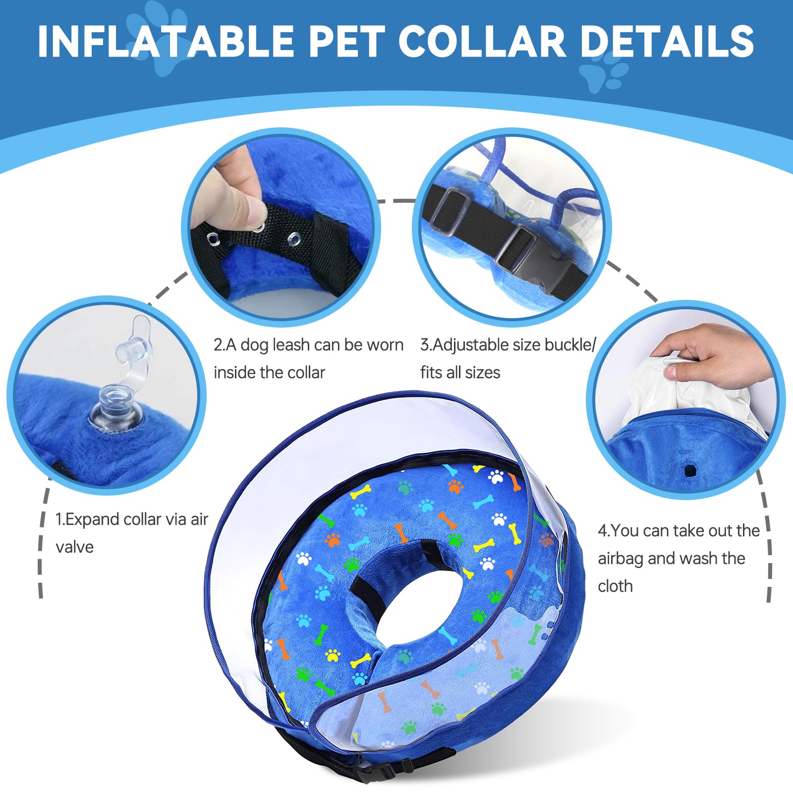 Dog Cone Collar, Inflatable Adjustable Dog Surgery Collar for Small Medium Dogs and Cats, Soft Dog Cone for Dogs After Surgery with Enhanced Anti-Licking, Protective Dog Donut Collar（M+）