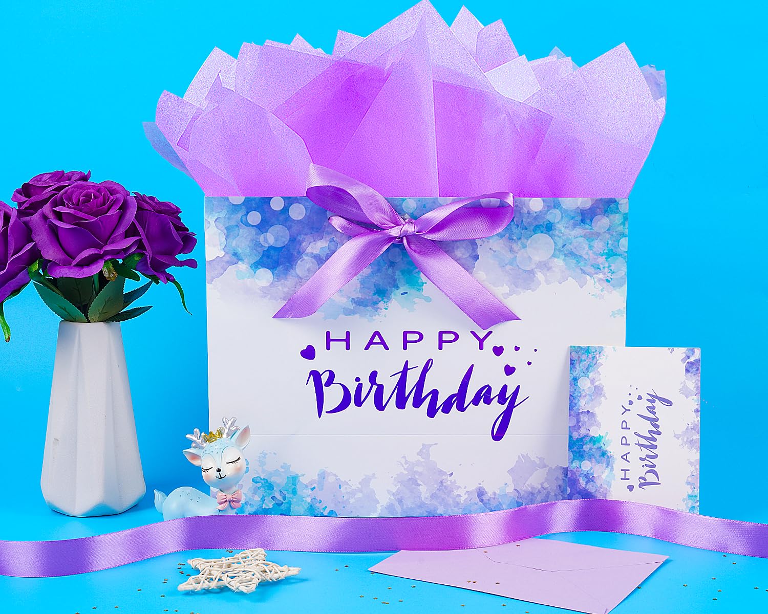 Jaywayang 12.6" Large Purple Happy Birthday Gift Bag with Ribbons, Card and Tissue Papers for Girl Women Birthday Party.