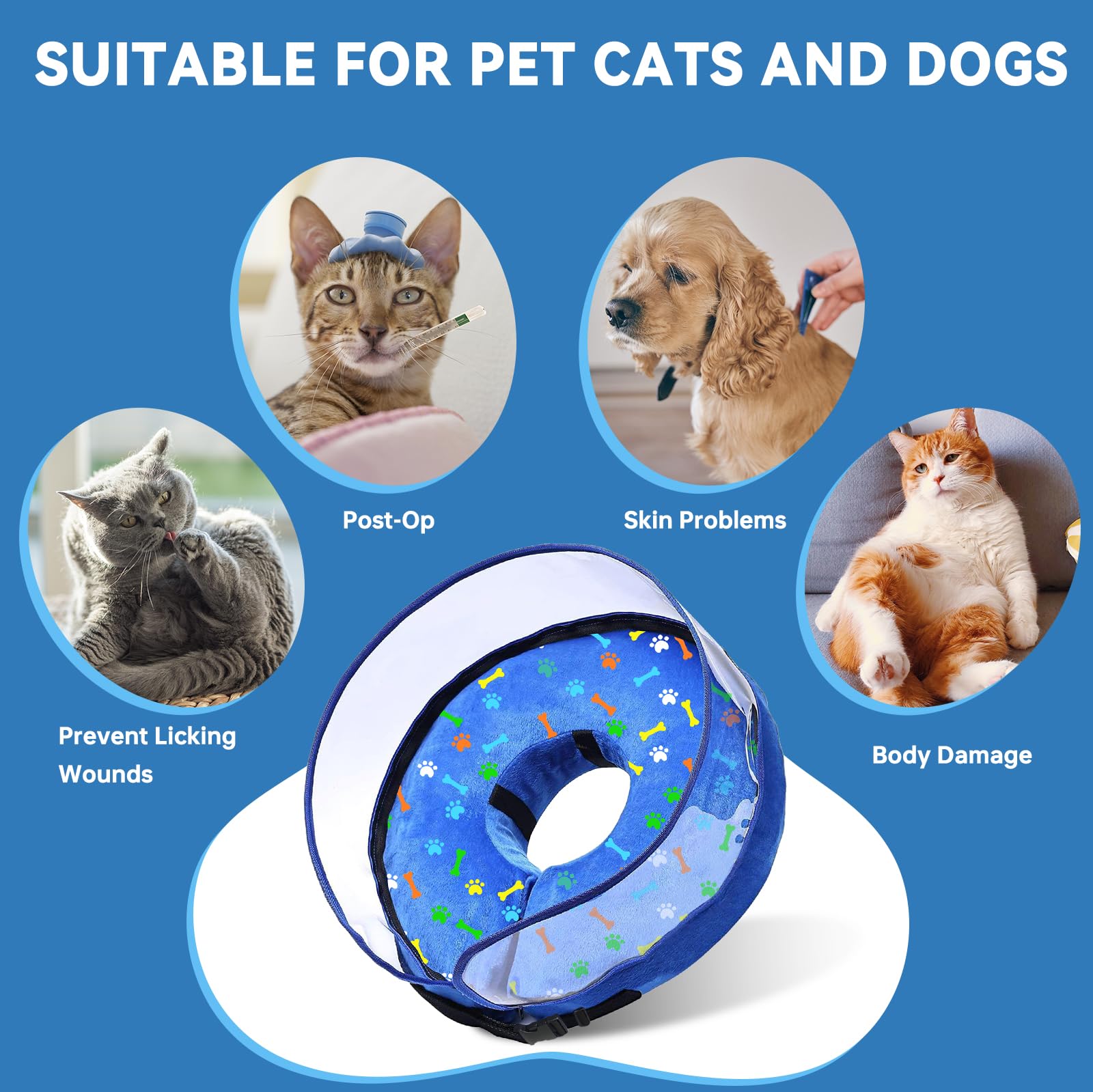 Dog Cone Collar, Inflatable Adjustable Dog Surgery Collar for Small Medium Dogs and Cats, Soft Dog Cone for Dogs After Surgery with Enhanced Anti-Licking, Protective Dog Donut Collar（M+）