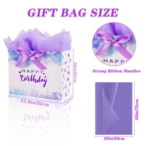 Jaywayang 12.6" Large Purple Happy Birthday Gift Bag with Ribbons, Card and Tissue Papers for Girl Women Birthday Party.