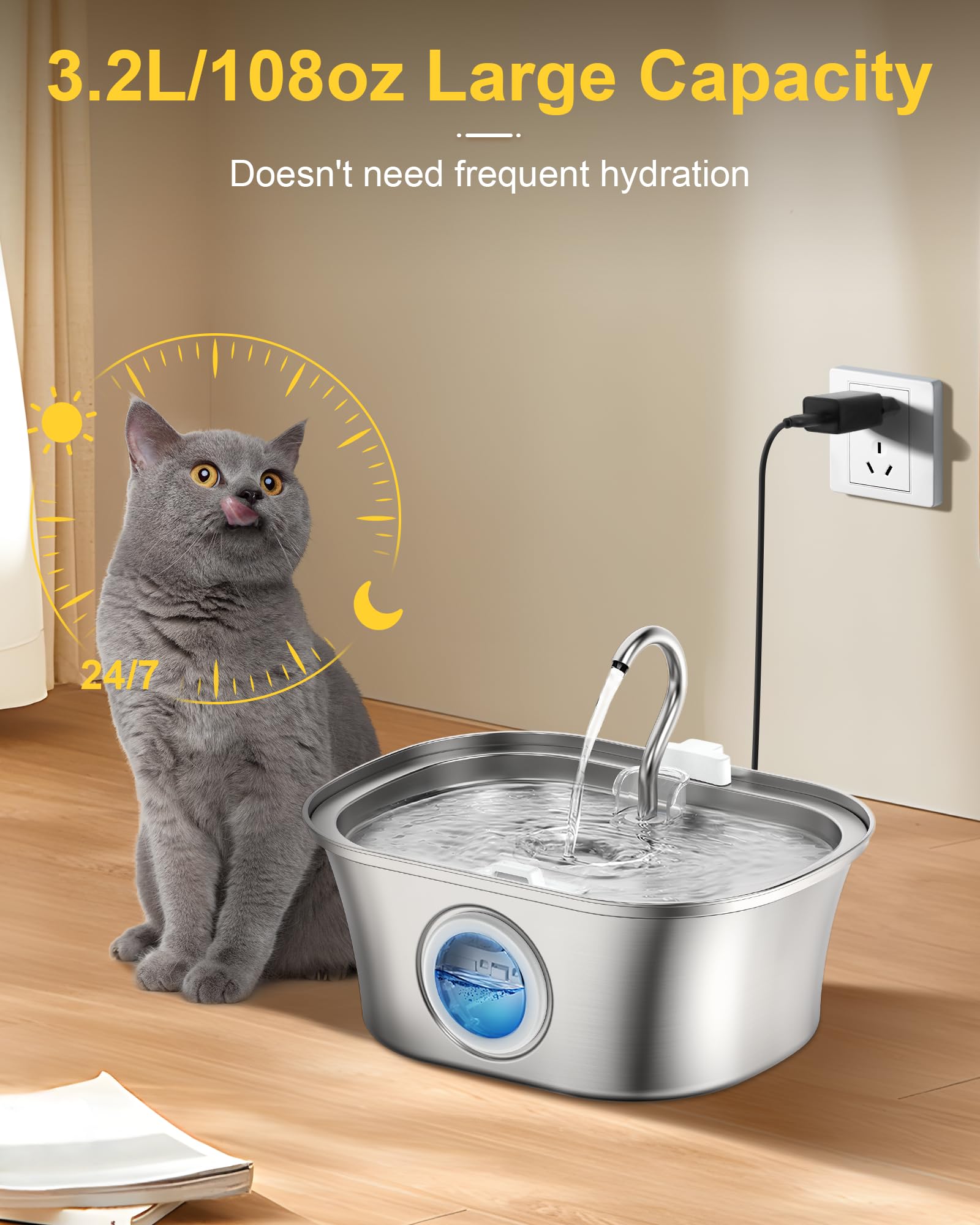 Stainless Steel Cat Water Fountain, 108oz/3.2L Automatic Pet Fountain Dog Water Dispenser & Pet Water Bowl Cat Drinking Water Fountain with Ultra-Quiet Pump for Cat Feeding & Watering Supplies