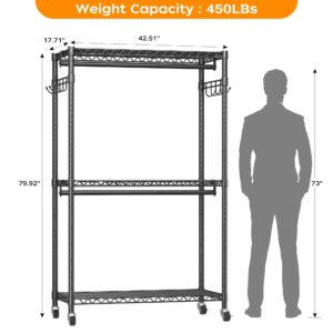 Heavy Duty Rolling Garment Rack with Adjustable Wire Shelving, 3 Tiers Clothes Rack with Double Rods and Side Hooks, Freestanding Wardrobe Storage Rack Metal Clothing Rack, Black