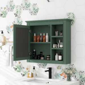 royard oaktree bathroom wall mirror cabinet, modern medicine cabinet with single door and adjustable shelf, over the toilet space saver storage cabinet with 3 open shelves, green