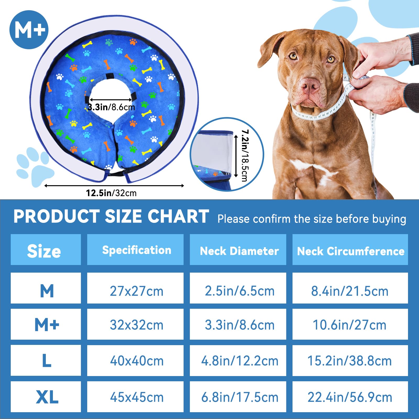 Dog Cone Collar, Inflatable Adjustable Dog Surgery Collar for Small Medium Dogs and Cats, Soft Dog Cone for Dogs After Surgery with Enhanced Anti-Licking, Protective Dog Donut Collar（M+）