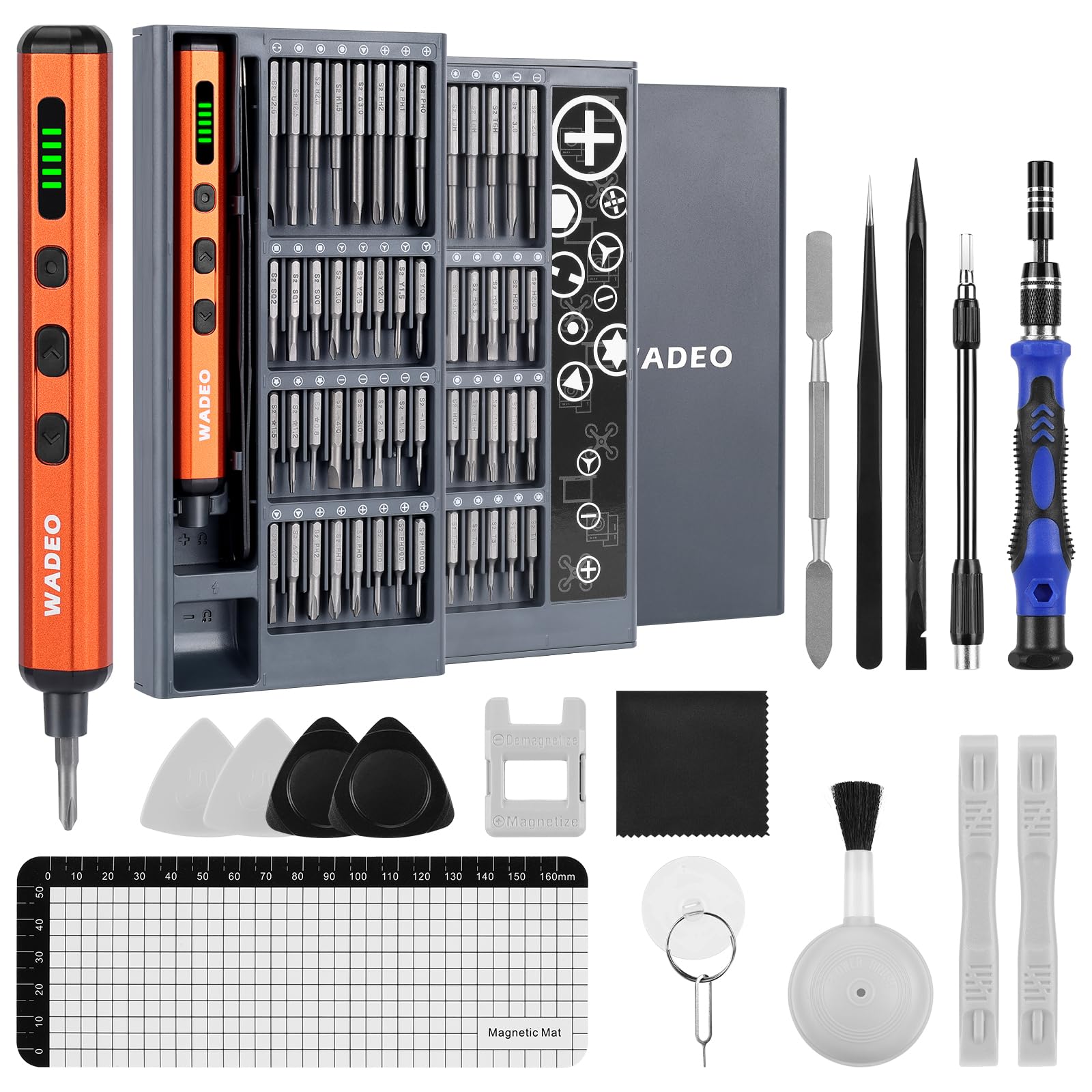 WADEO Electric Screwdriver Set, 82 in 1 Rechargeable Cordless Screwdriver, 64 S2 Preicison Bits, 5 Torque Settings, 4 LED Lights, Precision Screwdriver Kit for PC, Computer, Laptop, Phone, RC Drone