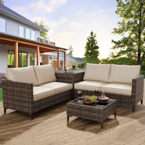 outdoor pe wicker furniture set 4 piece patio black rattan sectional loveseat couch set conversation sofa with storage box glass top table and non-slip beige cushion