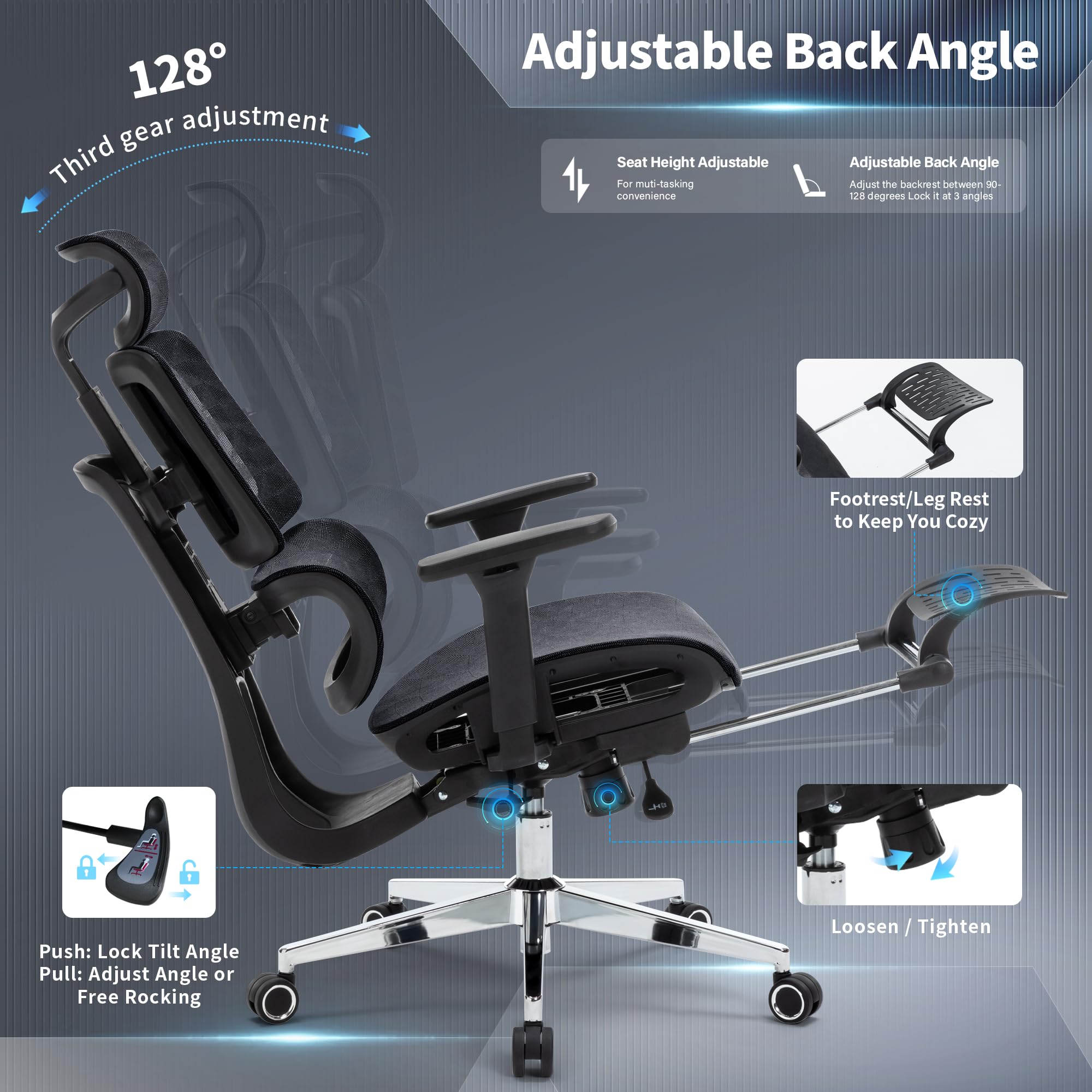 Ergonomic Dual Backrest Office Chair with Footrest- High Back Mesh Desk Computer Chair with Adjustable Seat Depth and Adaptive Lumbar Support, 4D Arms Metal Base Multifunctional Executive Swivel Chair