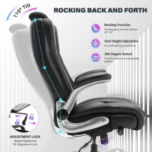 High Back Office Chair- Lifting Headrest Flip Arms Built-in Adjustable Lumbar Support, Executive Computer Desk Chair Ergonomic Design Strong Metal Base Multifunctional Home Office Work Chairs