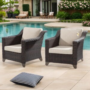 Gardenbee Patio Chairs Set of 2, Rattan Wicker Chairs Outdoors, for Garden Backyard Porch(Brown/Beige)