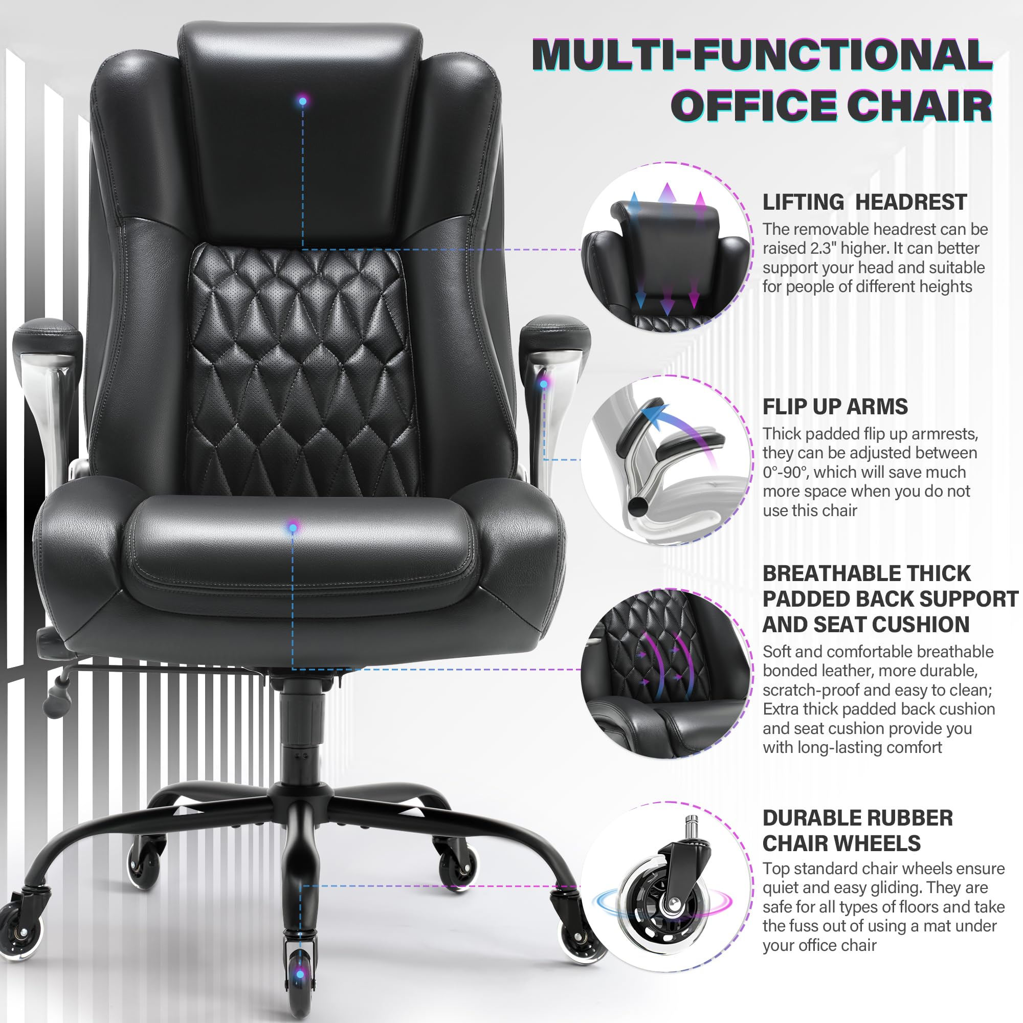 High Back Office Chair- Lifting Headrest Flip Arms Built-in Adjustable Lumbar Support, Executive Computer Desk Chair Ergonomic Design Strong Metal Base Multifunctional Home Office Work Chairs