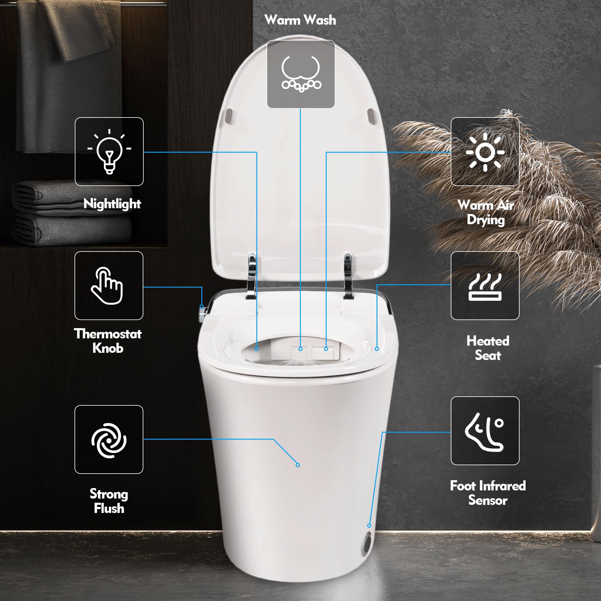 Beleda Luxury Smart Toilet with Dryer and warm water, Elongated Bidet Toilet with Heated Seat, with Remote Control, LED Night Light, Power Outage Flushing, Soft Close Cover