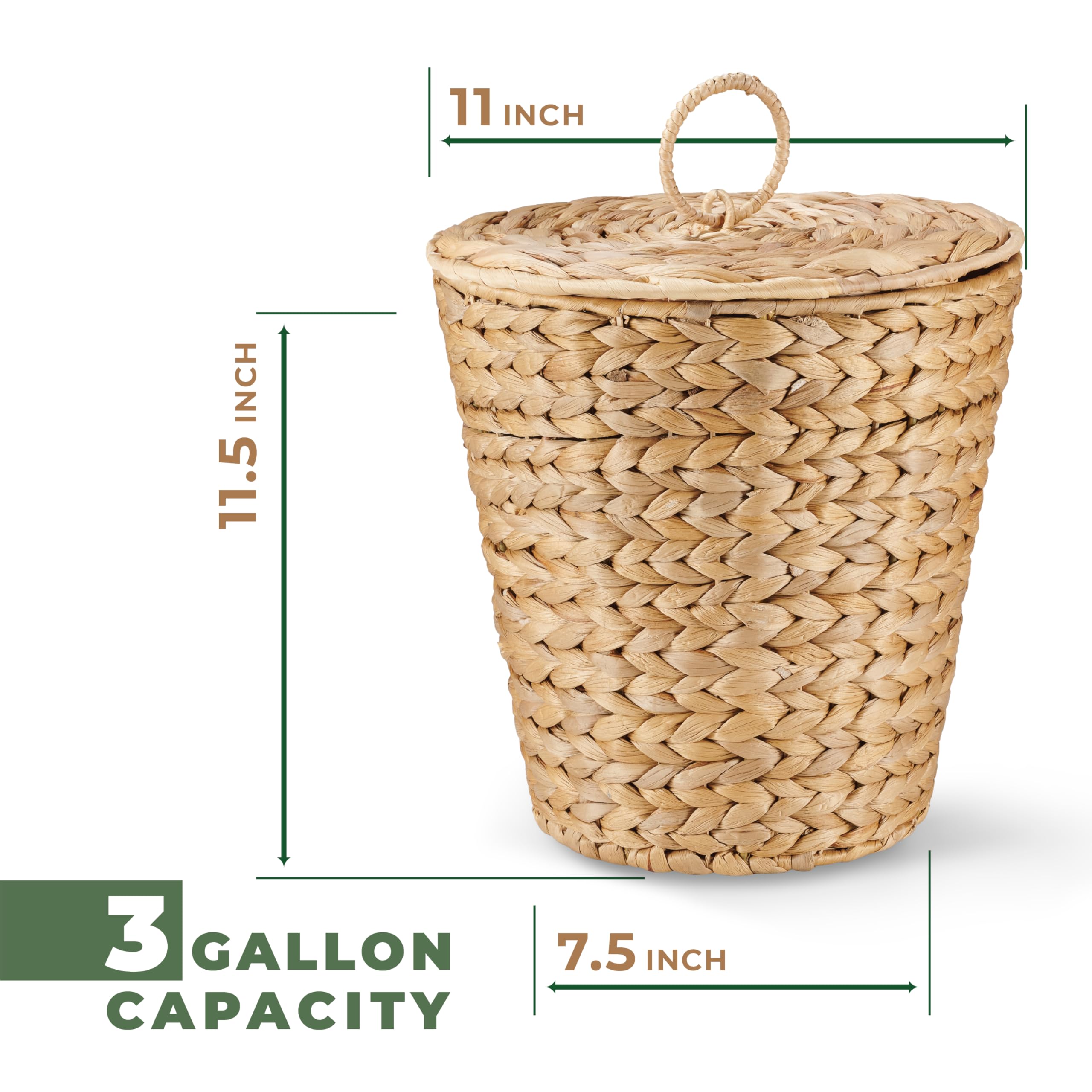 84eco 3 Gallons Wicker Trash Can with Lid & Liner - Rattan Trash Can - Wicker Waste Basket for Bathroom, Bedroom, Kitchen, Living Room - Wicker Trash Basket