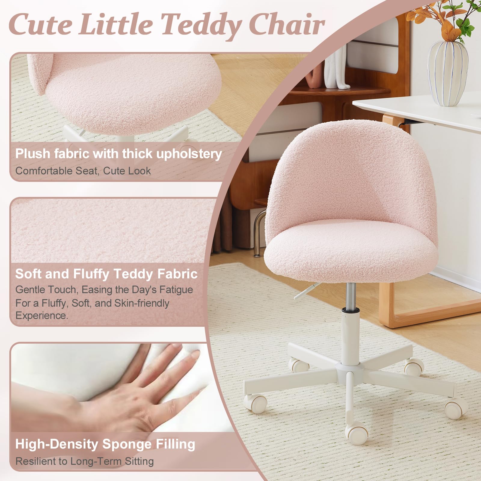 VINGLI Candy Chair Armless Cute Desk Chair,Comfy Small Office Chair with Wheels,Vanity Chair with Lumbar Support,Teddy Adjustable Rolling Swivel Computer Task Chair for Home Office,Bedroom,Gentle Pink