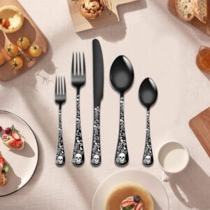 XIAOYU 20-Piece Bizarre Flatware Set, Gothic Skull Silverware Set for 4, Skeleton Flower Unique Pattern Design, Knives/Forks/Spoons Cutlery Set Halloween Event Tableware Utensils, Black