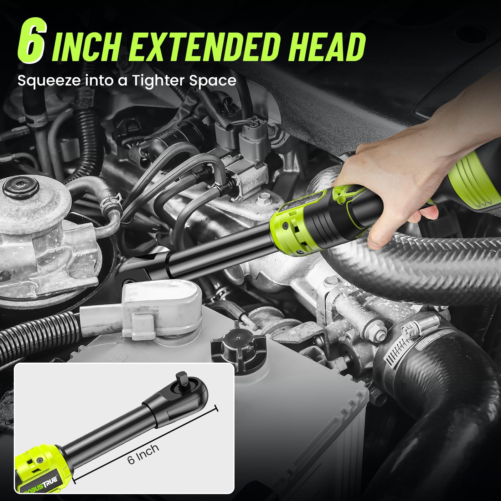 Robustrue 3/8" Cordless Ratchet Wrench, 58Ft-lbs (80N.m) 400RPM Light Weight Electric Ratchet, 6'' Extended Neck, 2x2.0Ah Battery, 8 Sockets, 3" Extension Bar, LED Light (RH80B)