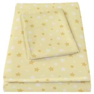 bedmoon boys girls twin sheets, kids yellow star bed sheet set with non-slip fitted sheet, boys girls star soft microfiber twin sheets & pillowcases