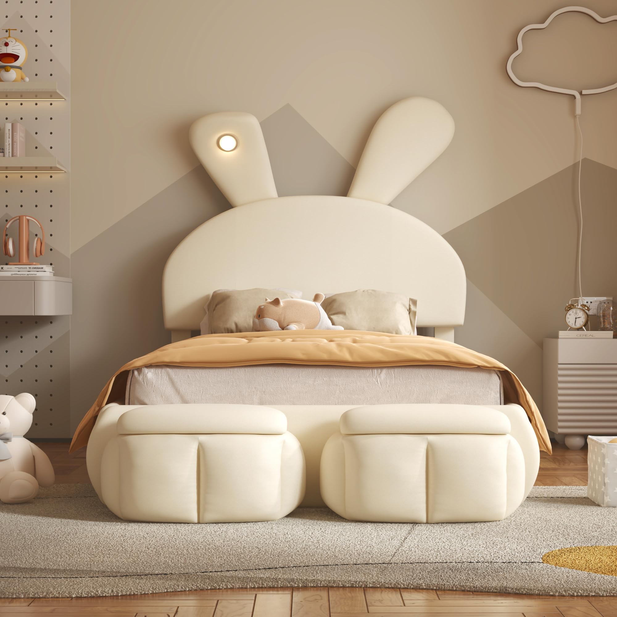 Twin Size Upholstered Platform Bed with Cartoon Ears Shaped Headboard and 2 Small Storage Stools, Velvet Kids Platform Bed Frame with Light for Boys Girls Bedroom, Sturdy Slatted Support (Beige-Ears)