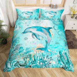 feelyou dolphins duvet cover queen, ocean comforter cover sea dolphins bedding set for kids boys girls ocean coastal bedspread cover zipper(no comforter)