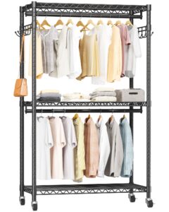 heavy duty rolling garment rack with adjustable wire shelving, 3 tiers clothes rack with double rods and side hooks, freestanding wardrobe storage rack metal clothing rack, black