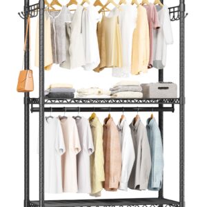 Heavy Duty Rolling Garment Rack with Adjustable Wire Shelving, 3 Tiers Clothes Rack with Double Rods and Side Hooks, Freestanding Wardrobe Storage Rack Metal Clothing Rack, Black