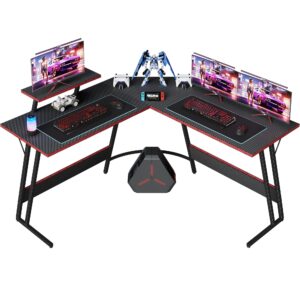 shahoo l shaped gaming desk, 51 inch computer corner table with large monitor stand & carbon fiber surface for home office study writing workstation, black, black1