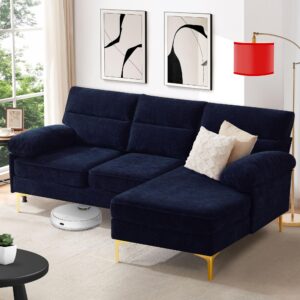 85" sofa for living room, l shape sectional couch convertible 3 seater comfy sofa, modern chenille fabric sofa with reversible chaise & fluffy armrests for apartment, small space (dark blue, 85 inch)