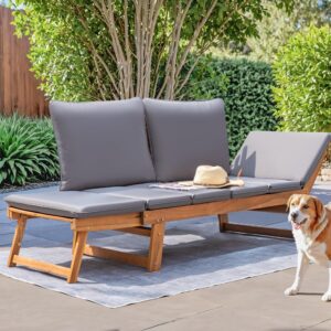 Devoko Outdoor Couch Acacia Wood Patio Couch with Adjustable Armrests,Outdoor Convertible Sofa with Removable Cushions&Pillows for Patio, Porch, Poolside(Grey)