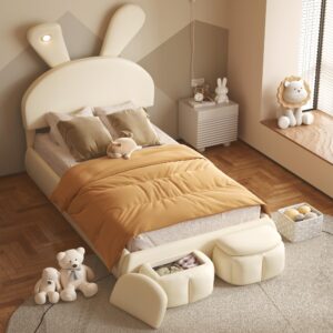 Twin Size Upholstered Platform Bed with Cartoon Ears Shaped Headboard and 2 Small Storage Stools, Velvet Kids Platform Bed Frame with Light for Boys Girls Bedroom, Sturdy Slatted Support (Beige-Ears)