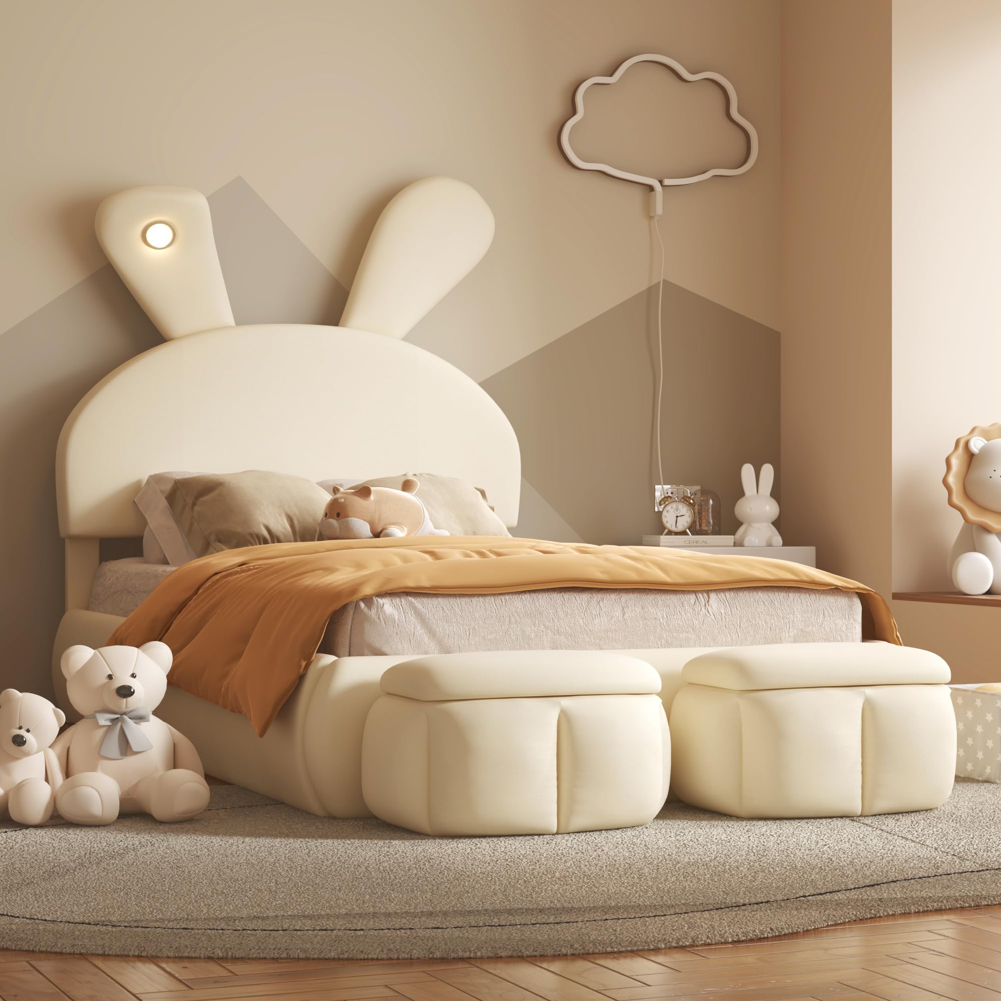 Twin Size Upholstered Platform Bed with Cartoon Ears Shaped Headboard and 2 Small Storage Stools, Velvet Kids Platform Bed Frame with Light for Boys Girls Bedroom, Sturdy Slatted Support (Beige-Ears)