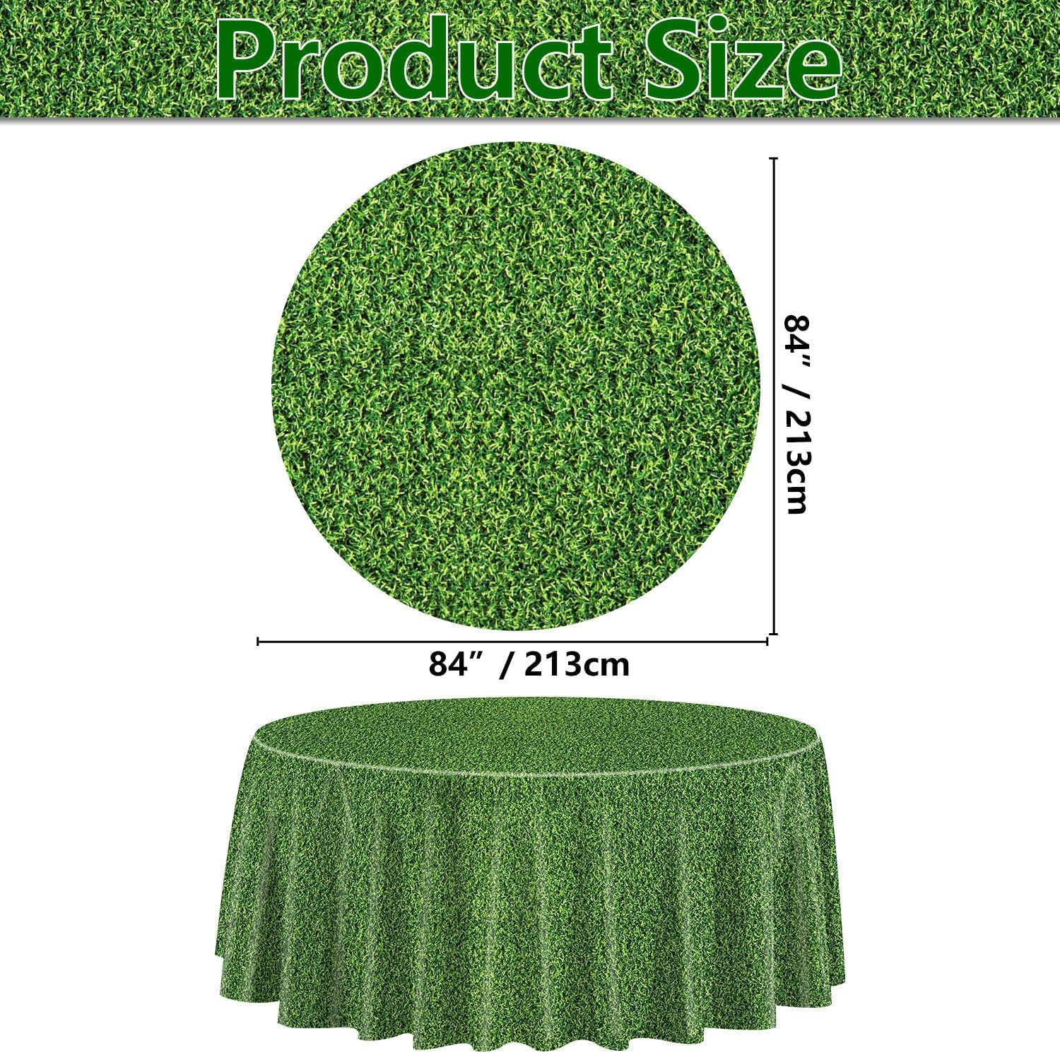 PIXHOTUL 3 Pcs Green Grass Tablecovers, Round Grass Pattern Plastic Tablecloths, Soccer Party Supplies for Sports Theme Parties Supplies Golf Soccer Football Event Decor, 84 x 84 Inch