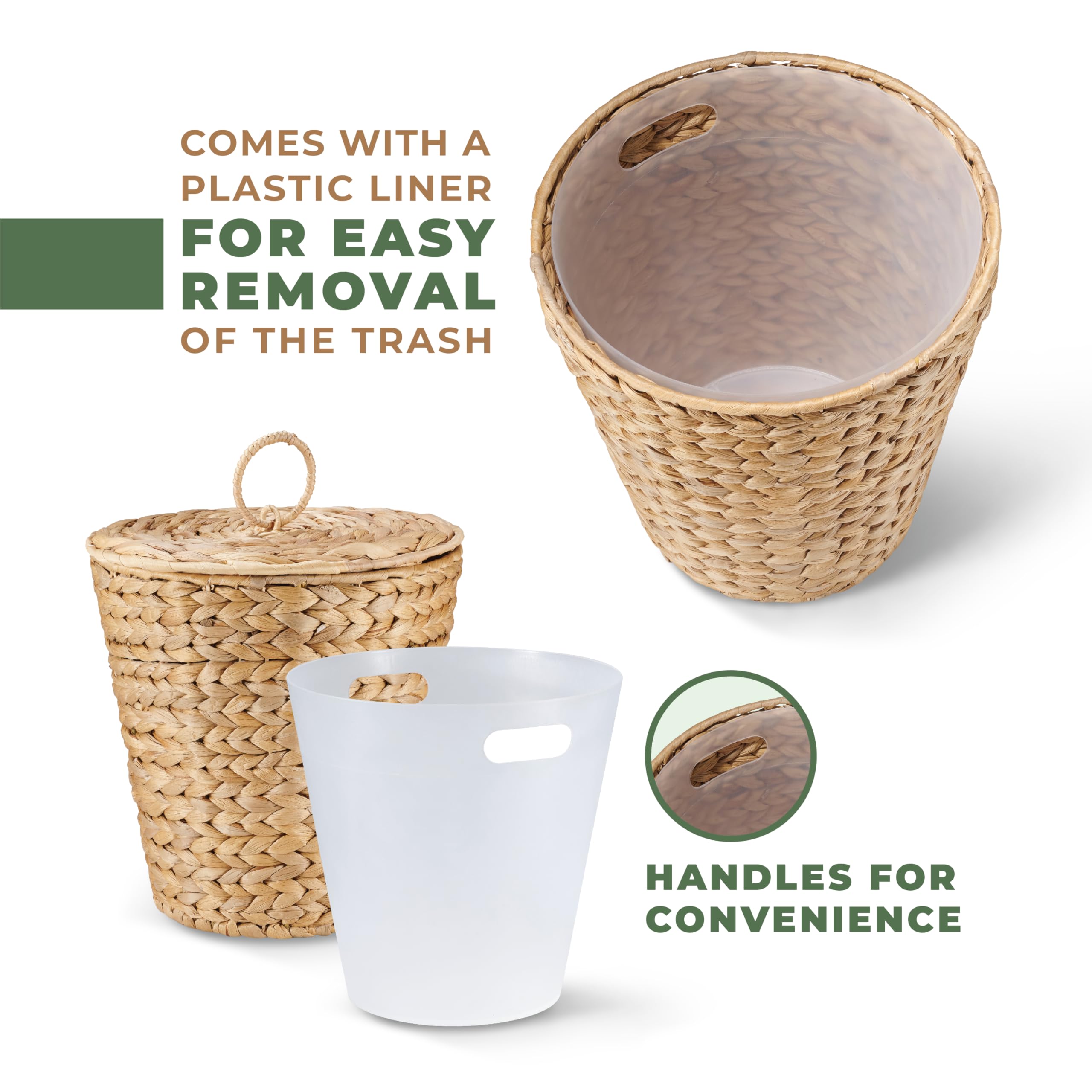 84eco 3 Gallons Wicker Trash Can with Lid & Liner - Rattan Trash Can - Wicker Waste Basket for Bathroom, Bedroom, Kitchen, Living Room - Wicker Trash Basket