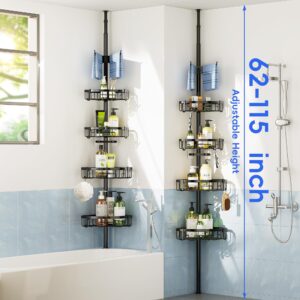 Coonoor Corner Shower Caddy Tension Pole - 62-115 INCH - 4-Tier Rustproof Bathroom Organizer Shelves, Adjustable Bathtub Tub Shampoo Storage