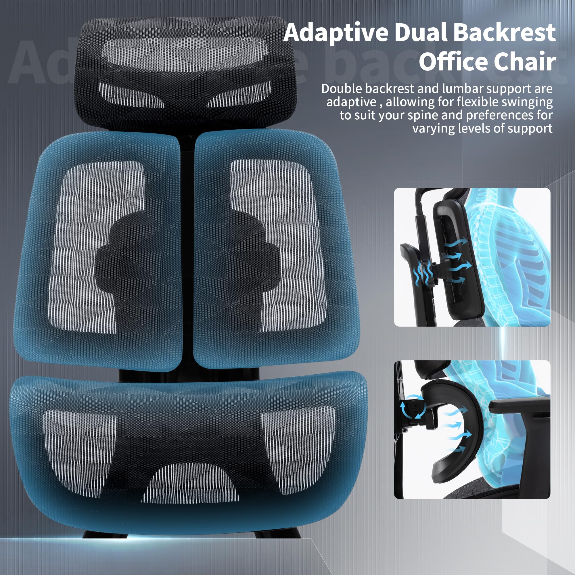 Ergonomic Dual Backrest Office Chair with Footrest- High Back Mesh Desk Computer Chair with Adjustable Seat Depth and Adaptive Lumbar Support, 4D Arms Metal Base Multifunctional Executive Swivel Chair