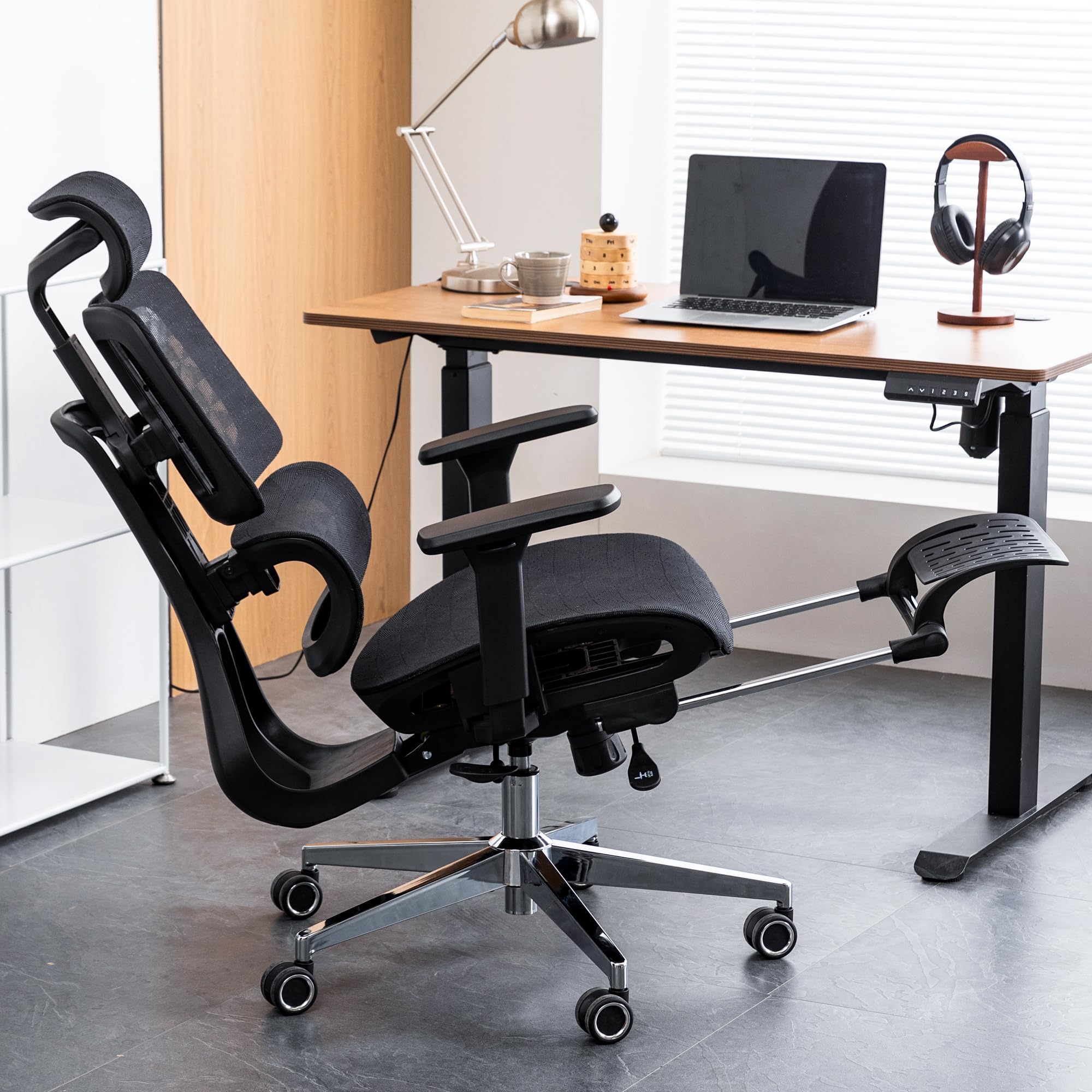 Ergonomic Dual Backrest Office Chair with Footrest- High Back Mesh Desk Computer Chair with Adjustable Seat Depth and Adaptive Lumbar Support, 4D Arms Metal Base Multifunctional Executive Swivel Chair