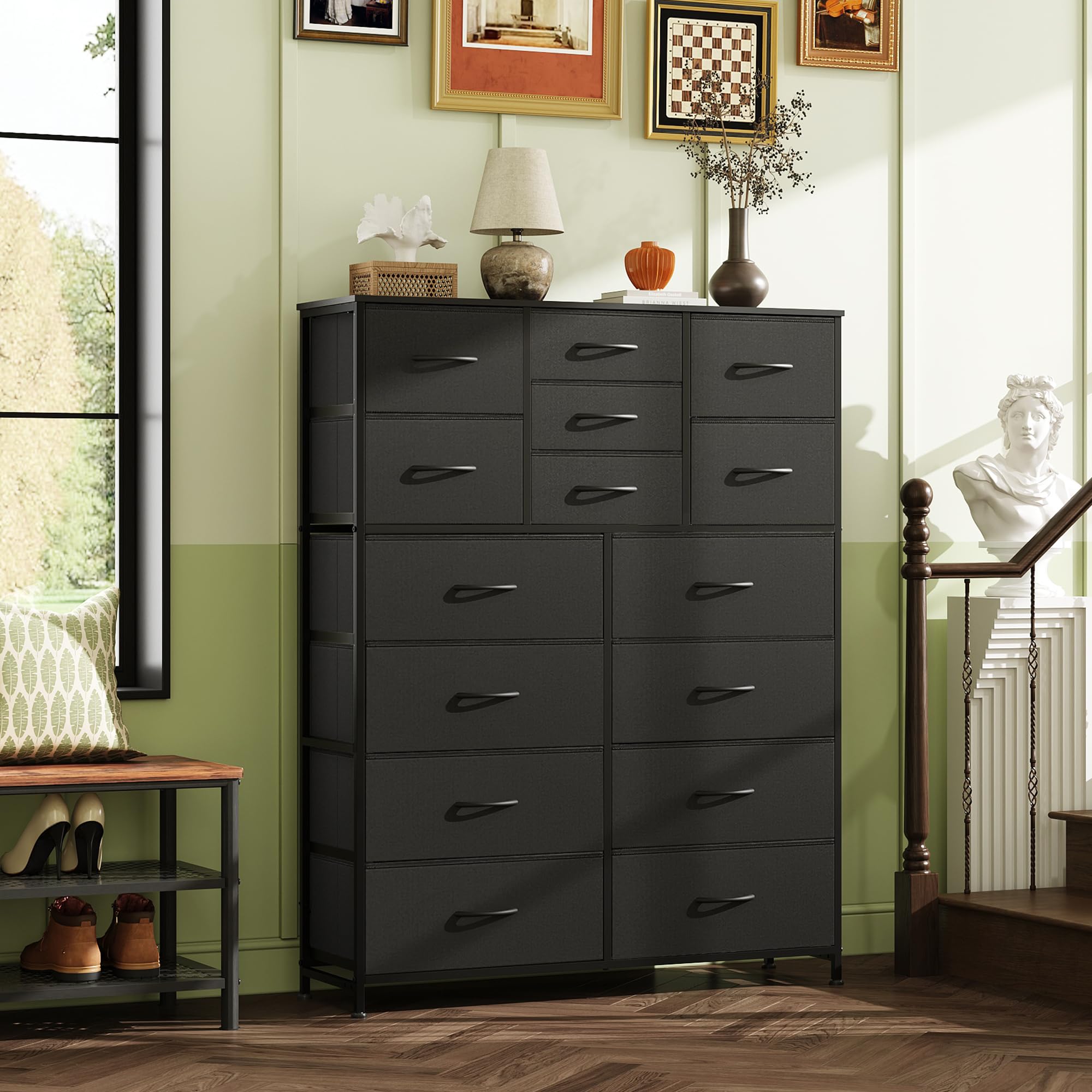 WLIVE Tall Black Dresser for Bedroom Furniture, Fabric Dressers Storage Tower with 15 Deep Drawers, Dresser for Closet, Hallway, Entryway, Office, Storage Tower with Cabinet, Metal Frame, Wooden Top