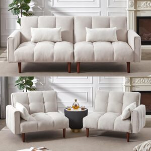 modern corduroy futon sofa bed, convertible folding sleeper sofa, adjustable backrest memory foam couch double loveseat,split leisure chair & double lounge chair,accent chair (light ivory)