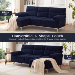 85" Sofa for Living Room, L Shape Sectional Couch Convertible 3 Seater Comfy Sofa, Modern Chenille Fabric Sofa with Reversible Chaise & Fluffy Armrests for Apartment, Small Space (Dark Blue, 85 inch)