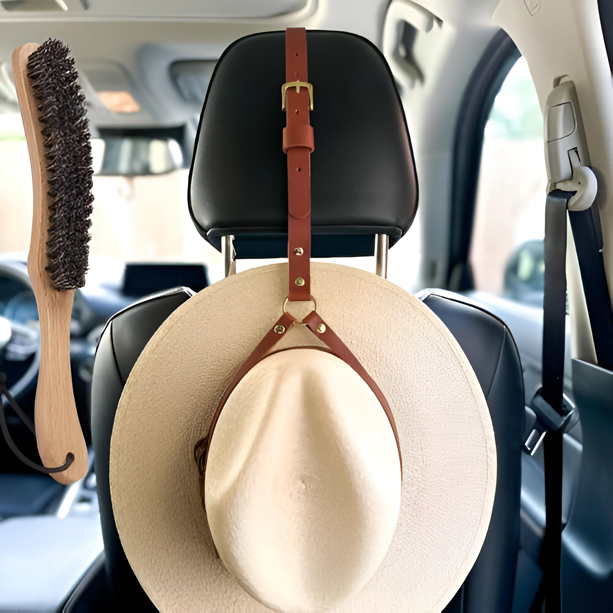 schevzov Cowboy Hat Holder for Truck - Cowboy Hat Holder for Pickup Truck, Car - Cowboy Hat Hanger Maintains The Original Shape of The Hat, Cowboy Hat Rack with Soft Bristle Brush (BROWN)