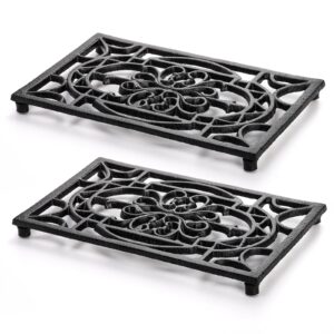 fasmov 2 pack rectangle cast iron trivet, 9.4 x 6.2 inch heat resistant trivet for hot dish pot pan plate teapot, decorative trivet with rubber feet, pot holders for kitchen dining countertop table